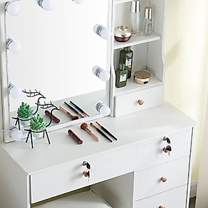 White Makeup Vanity with Lighted Mirror, Vanity Table with Storage Drawer, Dressing Table with Cushioned Stool and for Bedroom, Makeup Room (Modern Vanity 005)