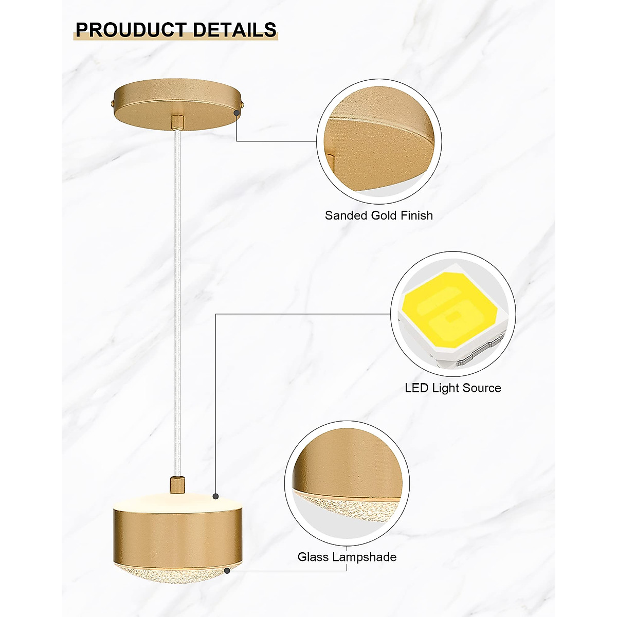 Ken & Ricky Gold LED Pendant Light Fixture, Mini Globe Hanging Light, Modern Island Lights for Kitchen Entryway Dinning Room Bathroom Bedroom - 1 Pack