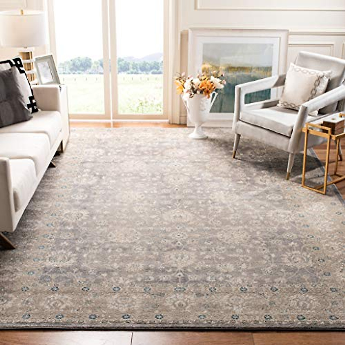 SAFAVIEH Sofia Collection 9' x 12' Light Grey/Beige SOF330B Vintage Oriental Distressed Non-Shedding Living Room Bedroom Dining Home Office Area Rug