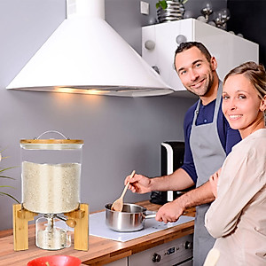 5L Glass Rice Dispenser Large Flour and Cereal Container Rice Storage Container with Airtight Lid,Wooden Stand&Measuring Cup,Clear Kitchen Food Jars Glass Food Storage Container for Organization