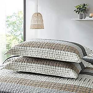 PANGUSHAN 100% Cotton Quilt Set Queen Size, Patchwork Queen Quilt Bedding Set Bedspreads, Farmhouse Lightweight Comforter Reversible Quilt, White/Brown/Grey Bed Spread for All Season, 3 Pieces