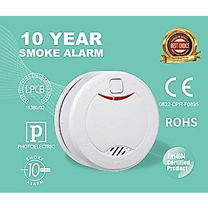 10 Year Battery Smoke Detector Alarm, with Photoelectric Sensor, Auto Test