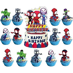 25PCS Spidey and His Amazing Friend Cup Cake Topper for Kids Birthday Superhero Themed Cake Decorations