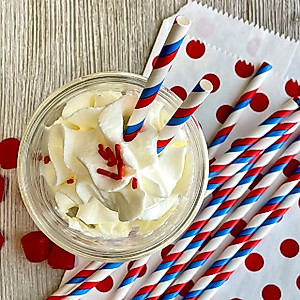 Outside the Box Papers Patriotic Ice Cream Sundae Kit - July Red and White Stripe Paper Treat Cups - Plastic Spoons - American Flag Picks - Paper Straws - 16 Each