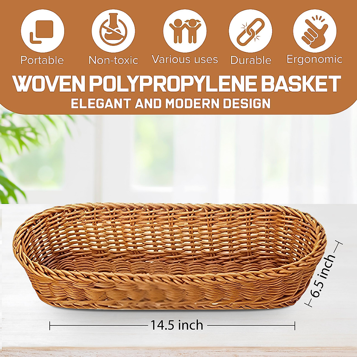 Kovot Wicker Bread Basket - 14.5" Woven Polypropylene Basket – For Food Display and Serving – Snack Organizer Basket
