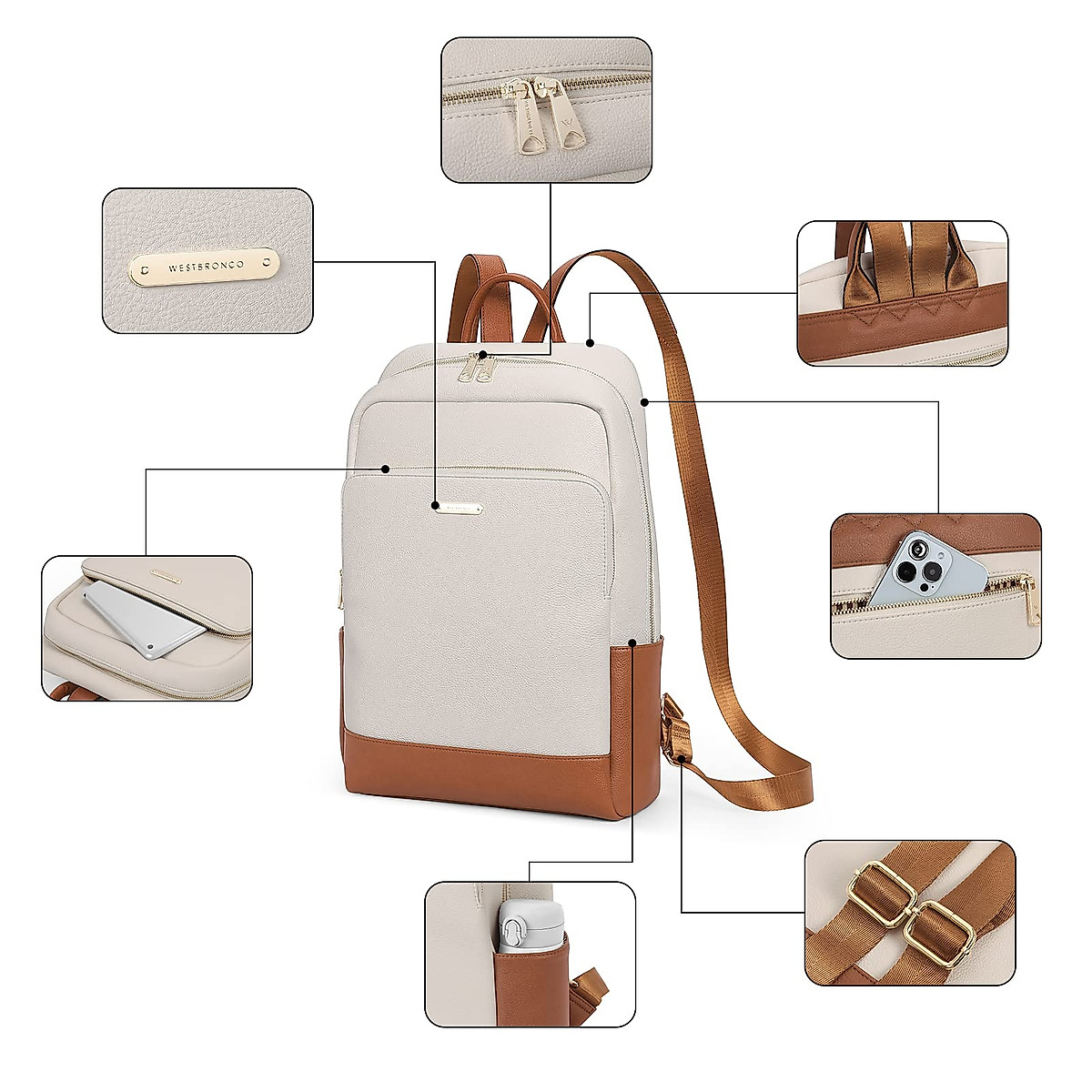 WESTBRONCO Leather Backpack Purse for Women 15.6 inch Laptop Backpack for School, Work, & Travel Beige