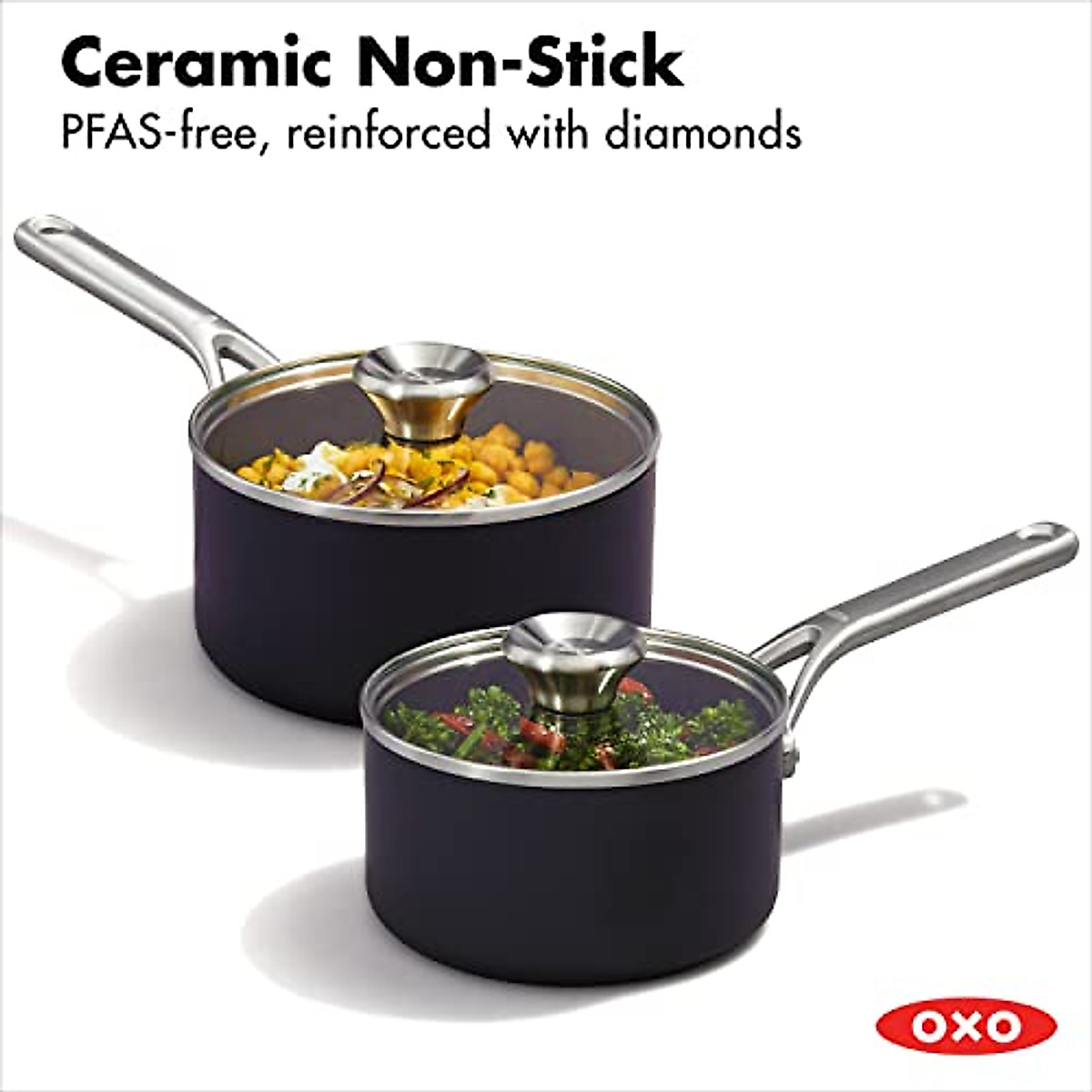 OXO Professional Hard Anodized PFAS-Free Nonstick, 1.7QT and 2.3QT Saucepan Pot Set with Lids, Induction, Diamond reinforced Coating, Dishwasher Safe, Oven Safe, Black