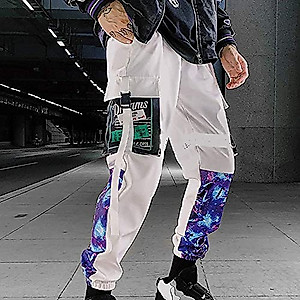 XYXIONGMAO Men's Functional Black and Purple Cyberpunk Reflective Joggers Overalls Ribbon Techwear Sweatpants Hip Hop Streetwear Cargo Pants for Men (Black, S)