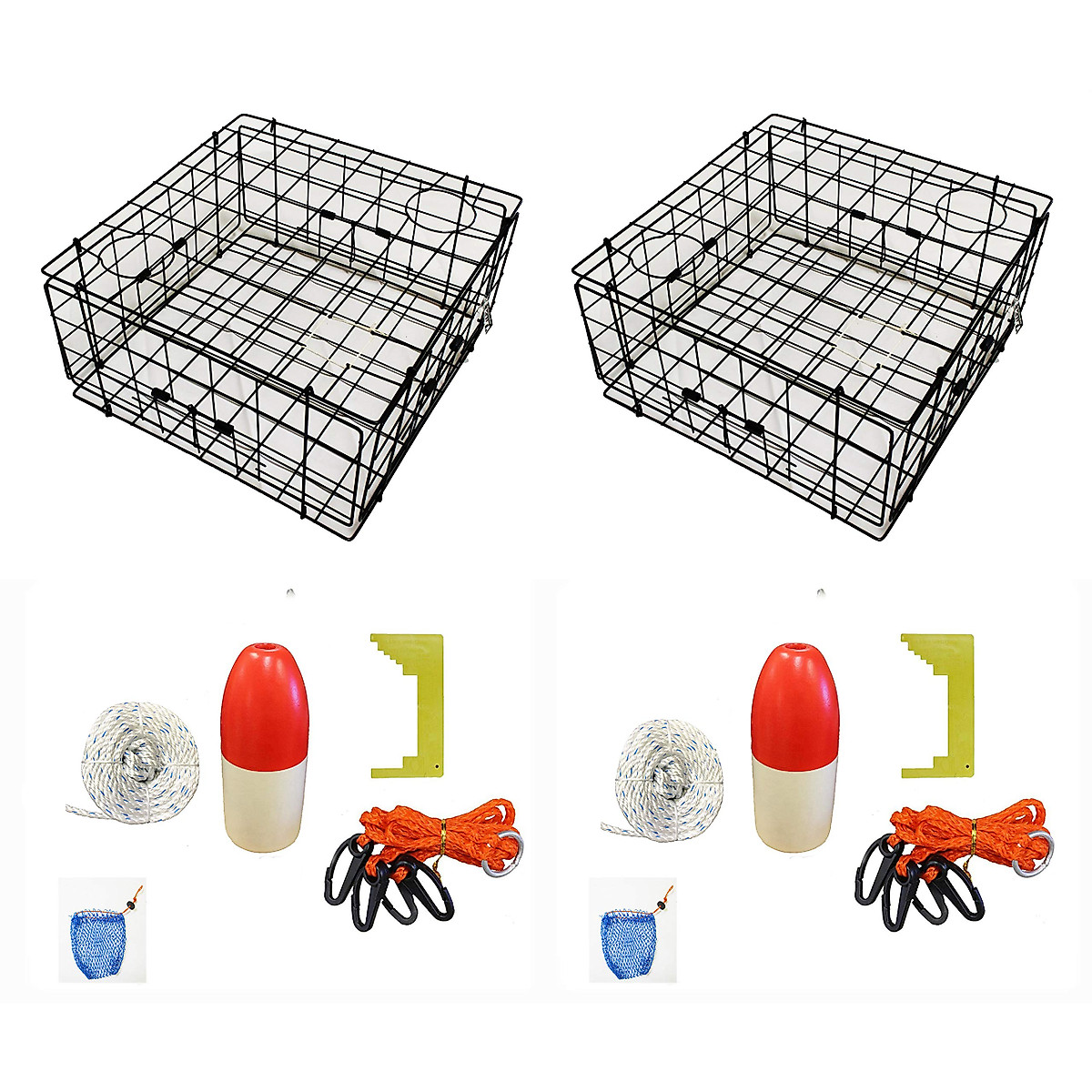 2-Pack of KUFA Vinyl Coated Crab Traps & Accessory Kits Including 100' Rope, Caliper, Harness, Bait Bag & Red/White Float (5"x11" Float, 5/16" Non-Lead Sinking Line)