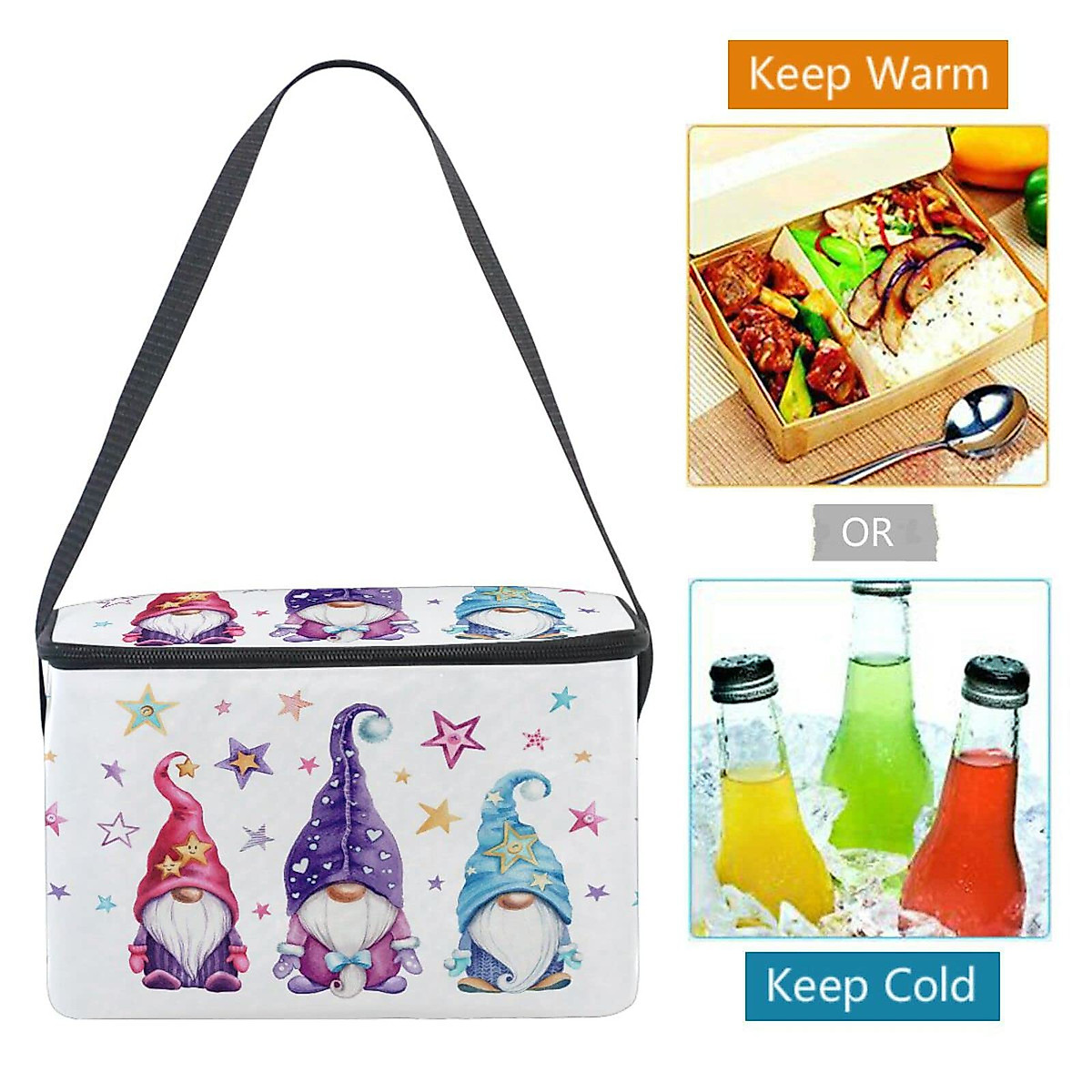 ZZXXB Gnome with Stars Insulated Lunch Bag Cooler Reusable Lunch Box School Office Travel Picnic Tote Bag for Women Men Kids