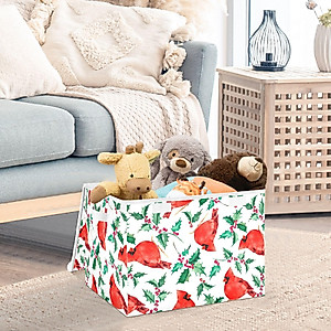 Krafig Foldable Storage Box Christmas Red Holly Berries Cardinal Birds Large Cube Organizer Bins Containers Baskets with Lids Handles for Closet Organization, Shelves, Clothes, Toys