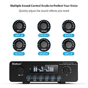 Wireless Microphone with Bluetooth＆Echo/Treble/Bass, 165 ft Range, Bietrun UHF Dual Handheld Cordless Dynamic Mic System for PA System/AMP/Home TV Karaoke/Bluetooth Speaker/(1/4''＆1/8‘’AUX Interface)