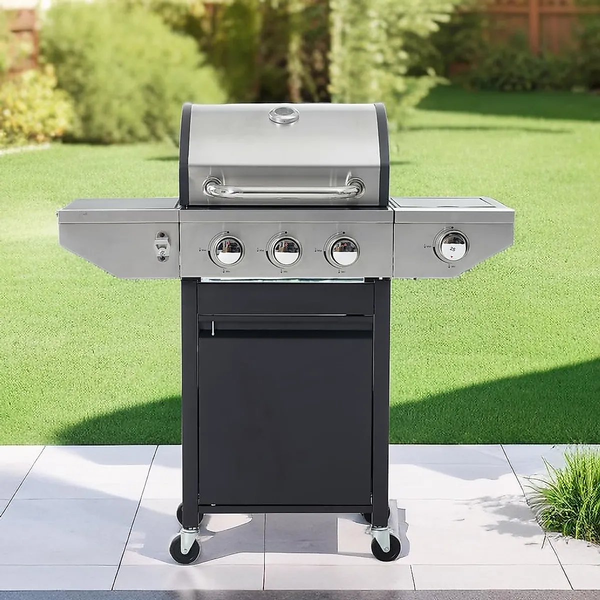 Propane Grill with Side Burner and Temperature Gauge - Stainless Steel Gas Grill with 3 Heads and 430 Thickness - Outdoor Cooking Grill with Electronic Ignition System and Cast Iron Cooking Grids