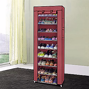 Mekek Shoe Rack Closet, 9 Tier Shoe Rack Organizer - Portable Row Shoe Rack Shelf Cabinet Tower for Closet with Nonwoven Fabric Cover (Red Wine)
