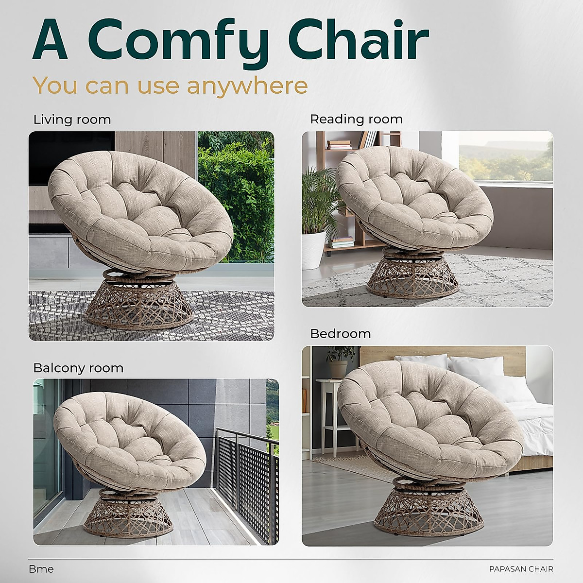 Bme 40" Ergonomic Wicker Papasan Chair with Soft Thick Density Fabric Cushion, High Capacity Steel Frame, 360 Degree Swivel for Living, Bedroom, Reading Room, Lounge, Silver Cloud - Brown Base