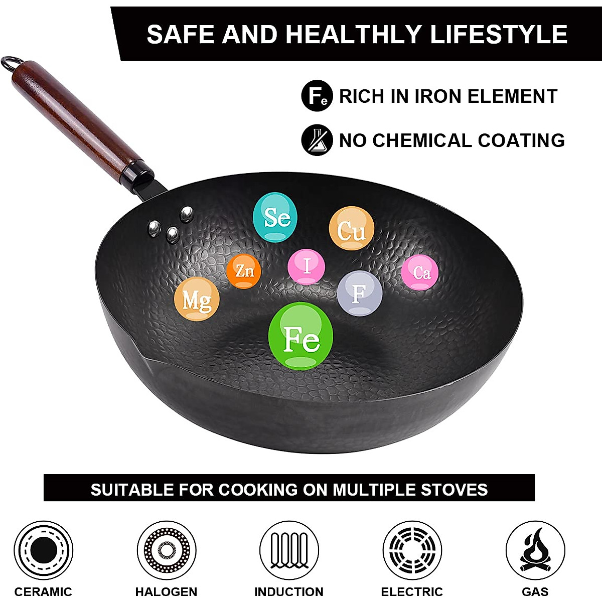 Leidawn 12.8" Carbon Steel Wok - 11Pcs Woks and Stir Fry Pans with Wooden Handle and Lid,10 Cookware Accessories,For Electric,Induction and Gas Stoves