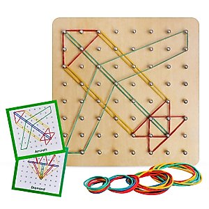 Wooden Geoboard with Rubber Bands Graphical Math Pattern Blocks Geo Board - Montessori Educational Toy for Kids with Pattern Cards and Rubber Bands Create Figures Shape STEM Puzzle Matrix Brain Teaser