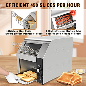 EASYROSE Commercial Conveyor Toaster 450 Slices/Hour Commercial Toaster Oven, 10" Wideness Conveyer Belt Heavy Duty Toasters for Restaurant Hotel Bun Bagel Bread, 120V,1800W, ETL