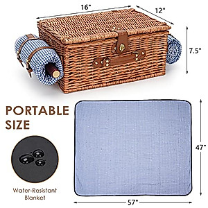 Picnic Baskets for 2, Picnic Basket with Waterproof Blanket, Picnic Basket Set with Washable Beach Mat & Large Insulated Cooler Compartment, Handmade Natural Wicker Hamper for Camping, Outdoor Party