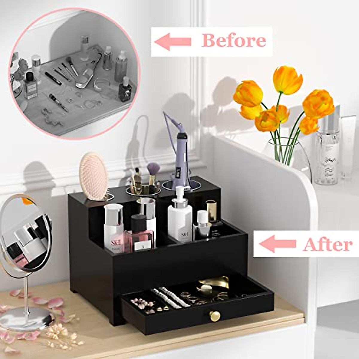 Bathroom Hair Tool Organizer Storage, Black Hair Dryer Curling Iron Holder with Drawer, Skin Care Organizer for Dresser, Vanity Caddy Countertop Organizer Stand for Makeup Brush, Perfume - with 3 Cups