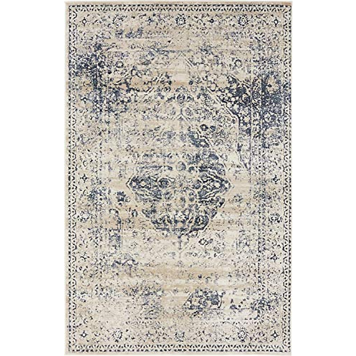 Unique Loom Chateau Collection High-Low Pile, Vintage, Traditional, Distressed, Medallion Area Rug (4' 0 x 6' 0 Rectangular, Beige/Navy Blue)