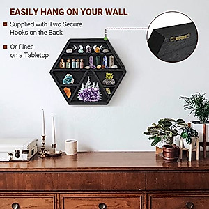 Unistyle Crystal Shelf Display Crescent Moon Shelf, Hexagon Crystal Holder for Stones, Essential Oils & Whichy Shelves Wood Crystal Wall Decor, Black Rustic Wooden Display for Boho Meditation Decor