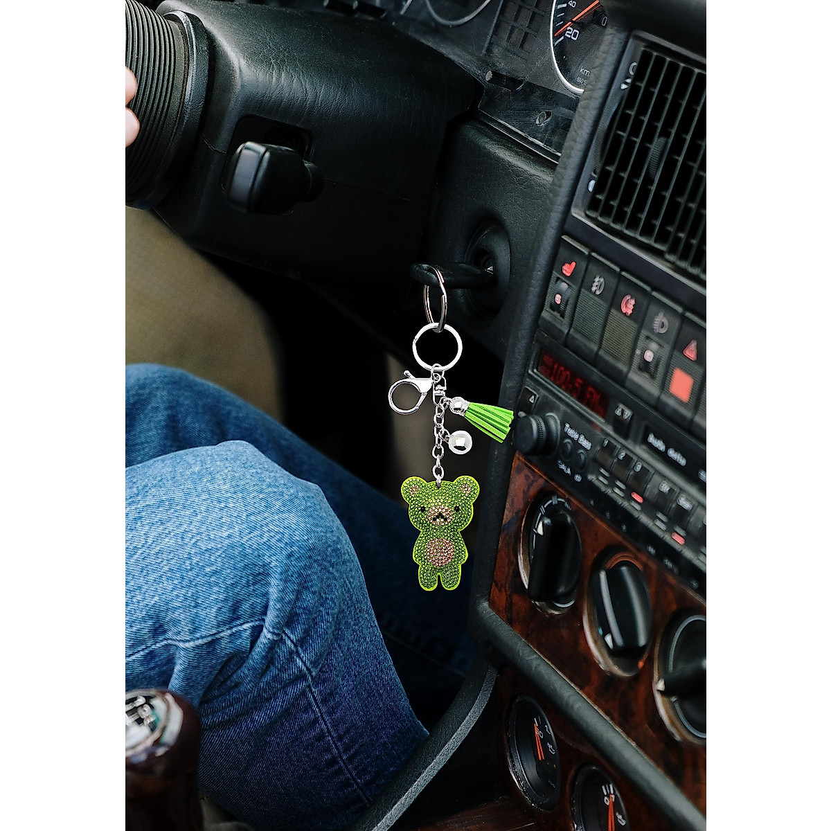 AuPra Green Teddy Bear Crystal KeyChain Gift Women Bling Rhinestones KeyRing Home Car Bag Clip Key Holder Lady Girl Tassel Present
