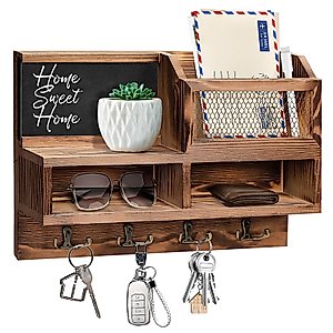 HOMEBROS Key Holder Wall Mount, Wooden Key Mail Holder with Chalkboard Mirror Greeting Cards Mail Key Organizer Storage Key Rack Shelf with 8 Key Hooks for Entryway Hallway Doorway