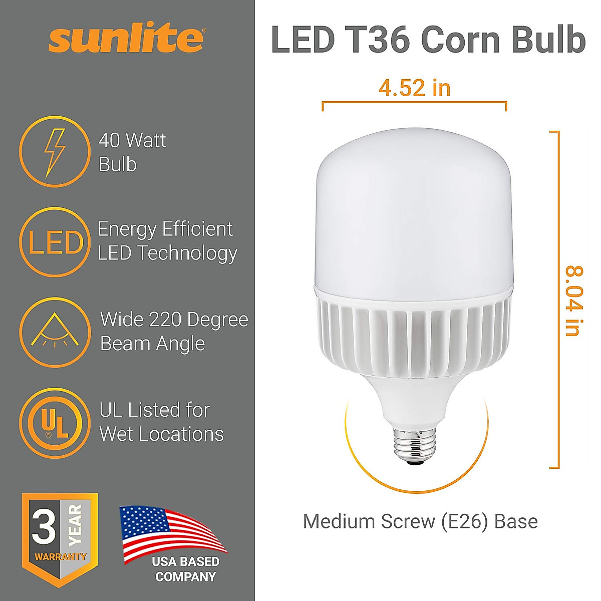 Sunlite 81252-SU LED T36 Super Bright High Lumen Corn Light Bulb, 40 Watts (375W Eq) 4800 Lm, Medium E26 Base, 120-277 Multi Volt, Non-Dimmable, 50K-Super White, UL Listed-Wet Location