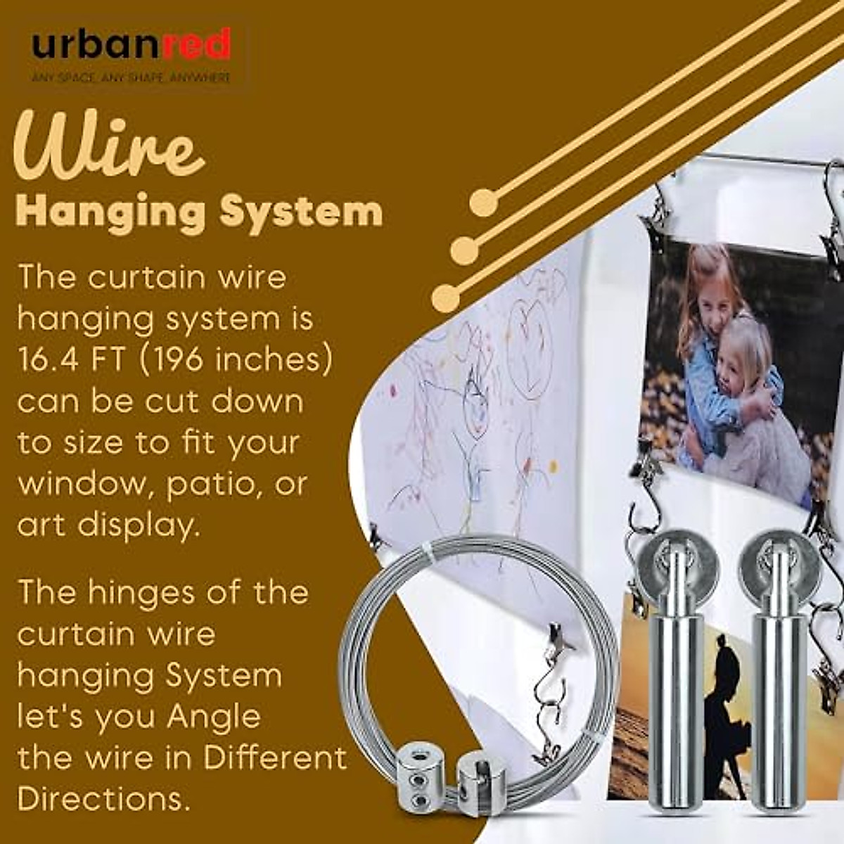UrbanRed Stainless Steel 16.4 FT (5m) Curtain Wire Rod Set - Curtain Wire Hanging System, Versatile Art Display, Photo Hanging - Wall Mount Clothesline for Windows with Tension Wire Design