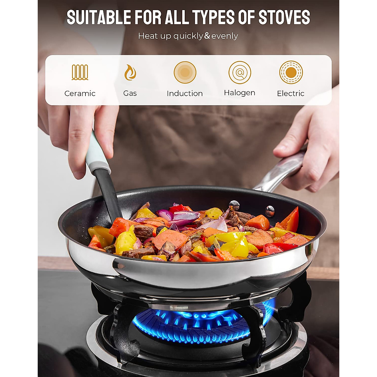 OAKSWARE 3-Piece Set, 9.5-inch and 11-inch Nonstick Stainless Steel Fry Pans with Ergonomic Handle, Oven and Dishwasher Safe