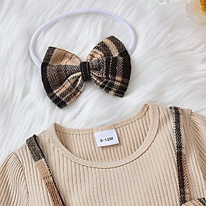 PATPAT Baby Girl Dress Newborn Infant Girls Long Sleeve Ribbed Dress Toddler Suspender Dress with Bowknot Headband Khaki 3-6 Months
