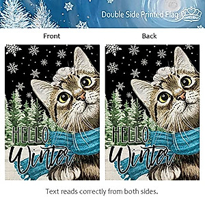 CROWNED BEAUTY Hello Winter Snow Cat Garden Flag 12x18 Inch Small Double Sided Yard Decorative Holiday Seasonal Outside Welcome Burlap Farmhouse Decoration