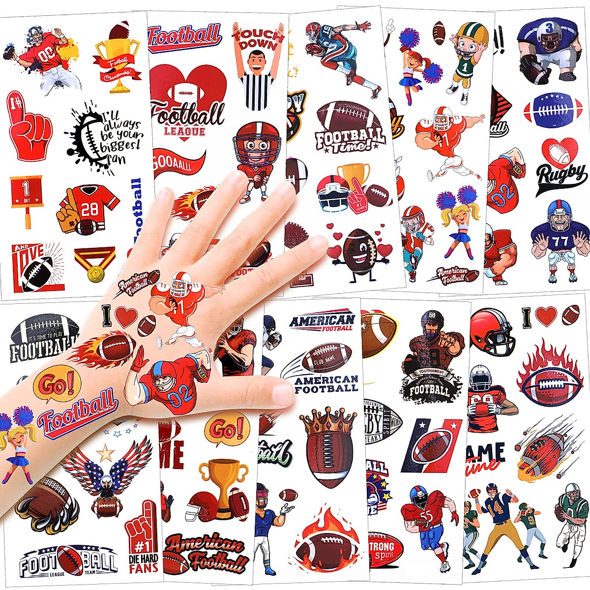 HOWAF 100+PCS American Football Temporary Tattoos, Super Bowl Fake Tattoos for Kids Adults, Rugby Face Tattoos Stickers for Sports Football Fans Favors, Waterproof Body Tattoos for Football Event Party Supplies