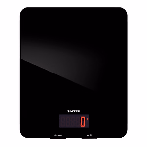 Salter Digital Platform Seen on TV, Stylish Glass Design, Electronic Cooking Scale for Home + Kitchen, Weigh Food 5kg + Liquids in ml and fl. Oz, 5 kg Capacity, Black