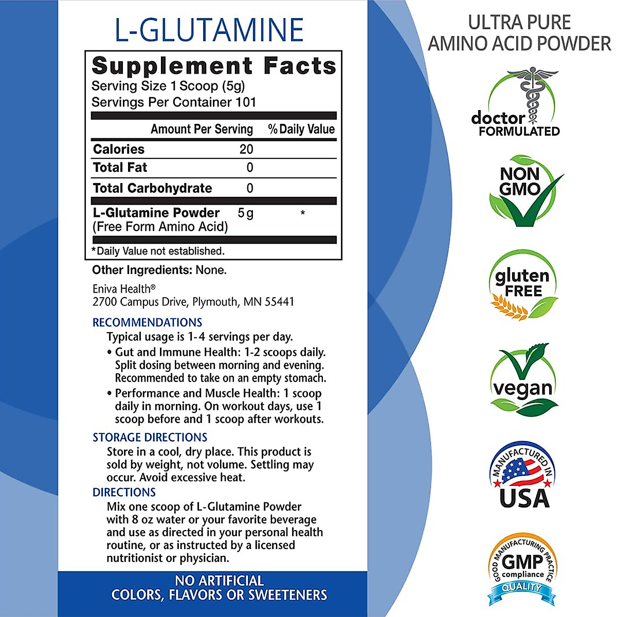 Eniva Health L-Glutamine Pure Powder, Unflavored (101 Servings) | Vegan, Gluten-Free, Sugar-Free, Non-GMO | Doctor-Formulated, USA Made | Gut Health, Leaky Gut, Bloating, Muscle Health, Immune System