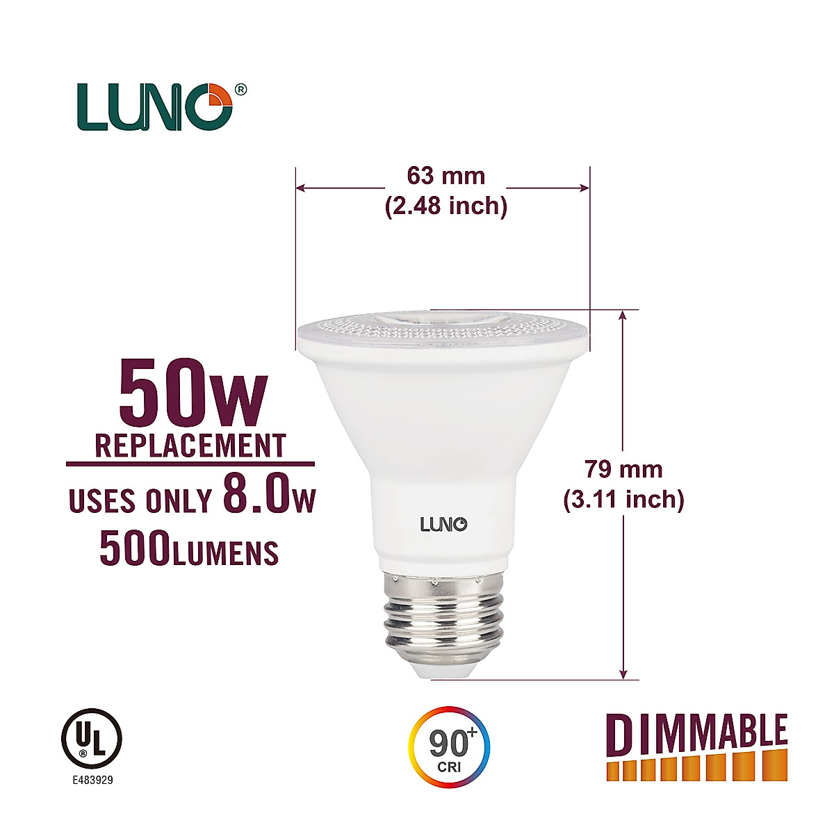 LUNO PAR20 Dimmable LED Bulb, CRI 90+, 8W (50W Equivalent), 500 Lumens, 2700K (Soft White), Medium Base (E26), UL Listed (4-Pack)