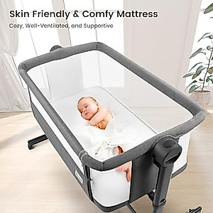 Baby Bassinet Bedside Sleeper for Baby, 4-Sided All Mesh Breathable Bedside Bassinet, Li’l Pengyu Co Sleeper for Newborn, with Washable Soft Mattress Bedside Crib (Grey)