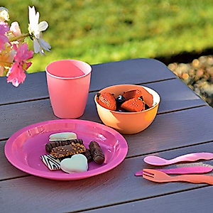 Youngever 54 pcs Plastic Kids Dinnerware Set of 9 in 9 Peach Colors, Toddler Dining Set, Cups, Kids Plates, Kids Bowls, Flatware Set, Kids Dishes Set