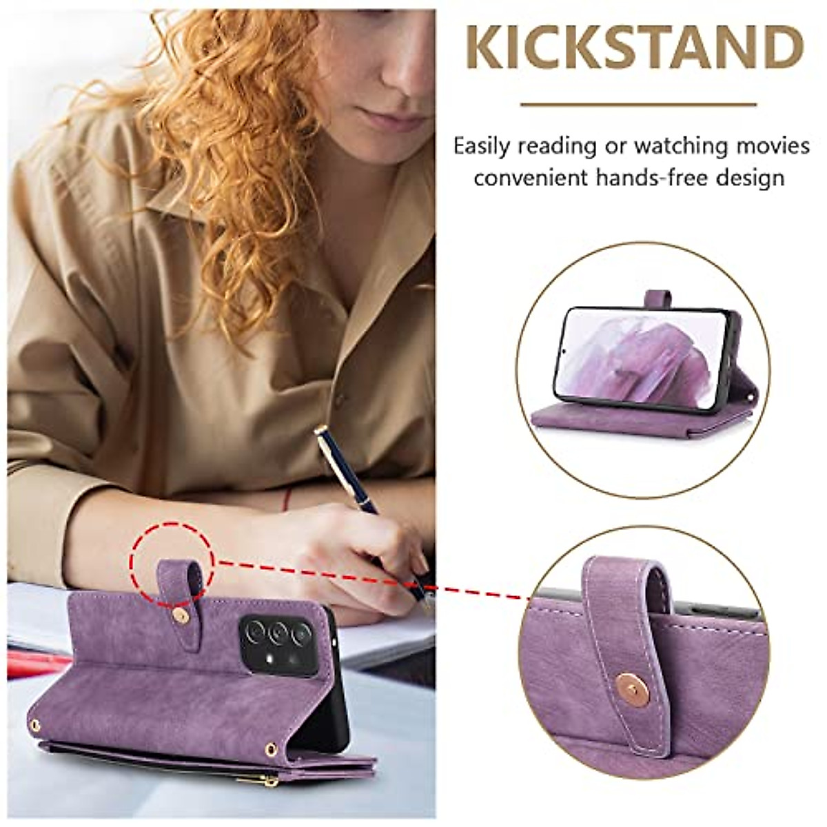 UEEBAI Crossbody Wallet Case for Samsung Galaxy A53 5G, 9 Card Slots Adjustable Crossbody Zipper Cover Detachable Lanyard Strap Flip Case with Hand Strap Kickstand Case - Purple
