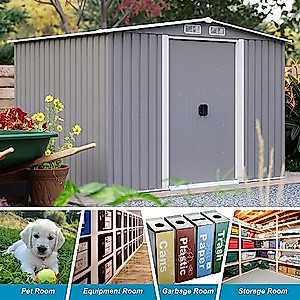 Goohome 8x6 FT Sheds & Outdoor Storage, Sturdy Metal Galvanized Steel Garden Storage Shed W/Lockable Sliding Doors, Built-in-Handles, 4 Air Vents, Waterproof Spacious Utility Tool Storage Bike Shed