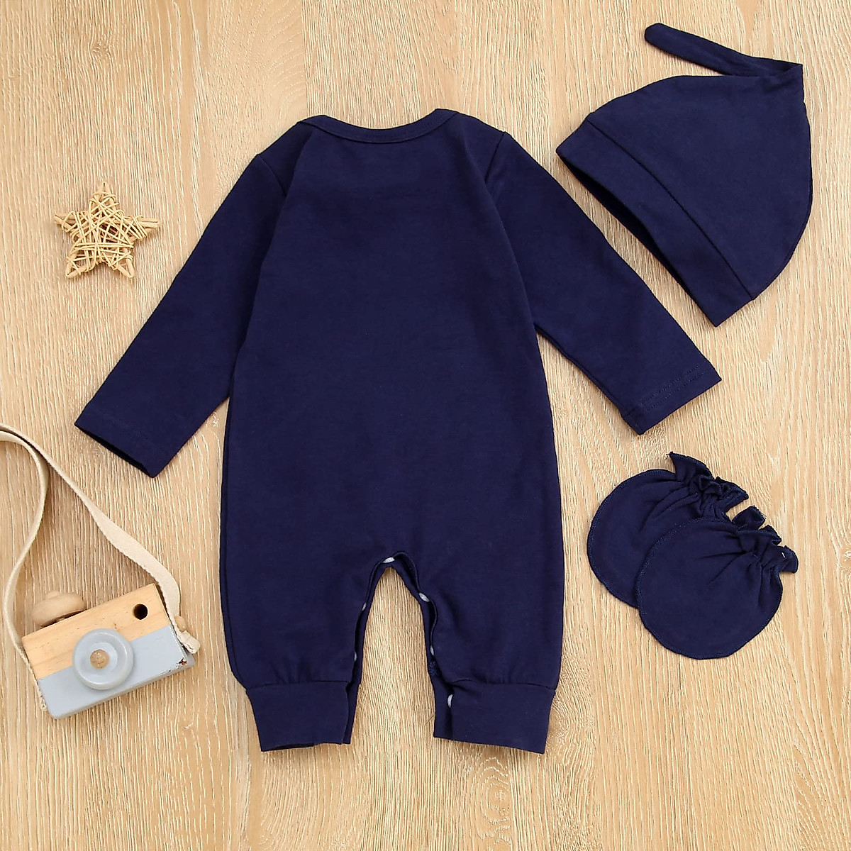 GRNSHTS Newborn Baby Boy Romper Coming Home Outfits Letter Print Bodysuit Jumpsuit+Hat+Gloves 3PCS Clothes Set (A-Navy Blue, Newborn)