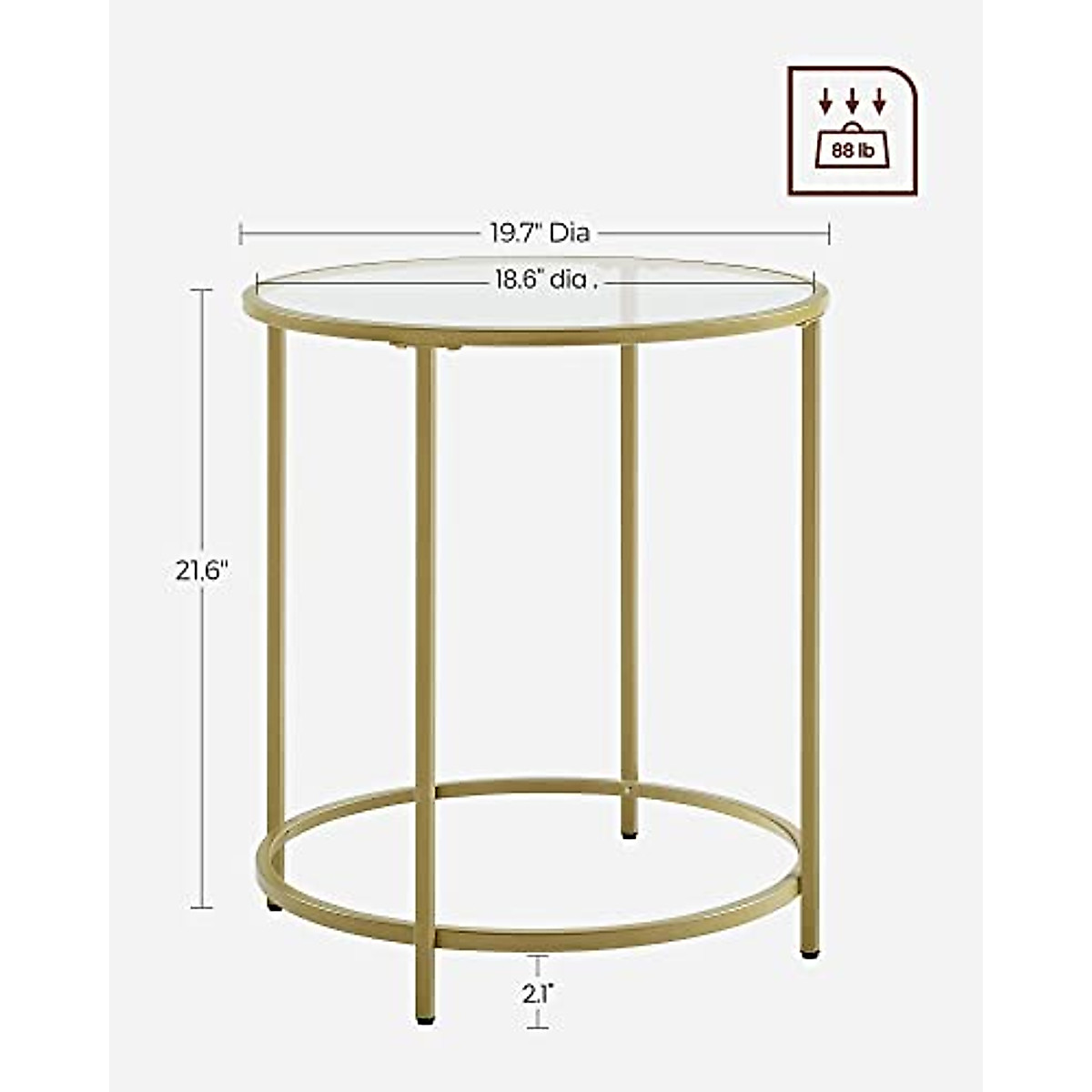 VASAGLE Round Side Table, Glass End Table with Metal Frame, Gold Coffee Table with Modern Style, for Living Room, Balcony, Bedroom, Gold Color