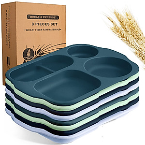 8 Pcs Large 12 Inch Unbreakable Divided Plates Section Plates Kids Food Tray 5 Compartment Plates Wheat Straw Toddlers Lunch Trays for Kid Toddler Children Adult Microwave Dishwasher Safe (Multicolor)