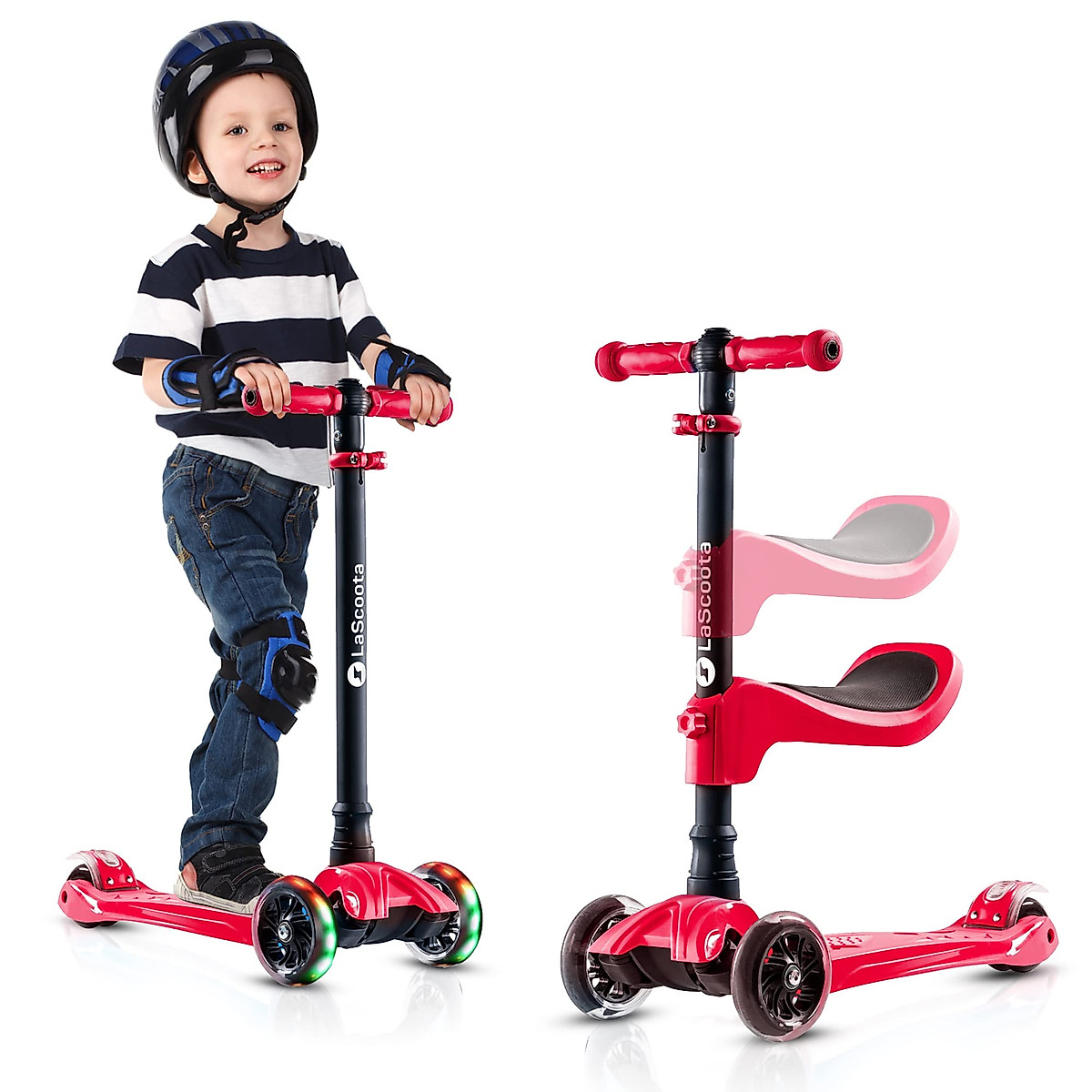 LaScoota 2-in-1 Kids Kick Scooter, Adjustable Height Handlebars and Removable Seat, 3 LED Lighted Wheels and Anti-Slip Deck, for Boys & Girls Aged 3-12 and up to 100 Lbs.