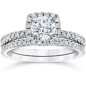 Pompeii3 10k White Gold 5/8Ct TW Round-Cut Natural Diamond Cushion Halo Engagement Ring With Matching Wedding Band Set Women's
