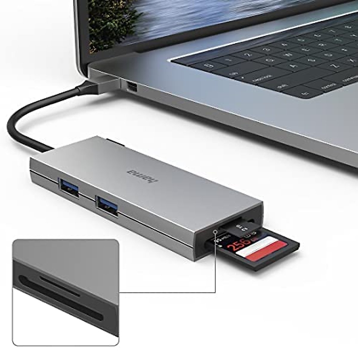 Hama USB C Hub 6 Ports (Multiport Adapter 1x HDMI 4K, 2X USB-A, 1x USB-C for Transfer Data and Charging with PD, 2X Card Reader SD and microSD, USB C Adapter 6-in-1 for Office, Home Office) Aluminium