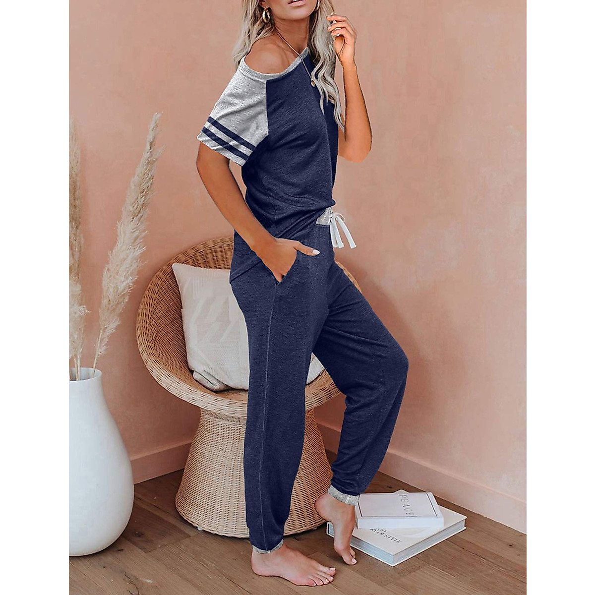 AUTOMET Womens Fall Fashion 2023 Lounge Sets Two Piece Outfits Loungewear Short Sleeve Crewneck Jogger Pajama Set and Sweatpants Tracksuit