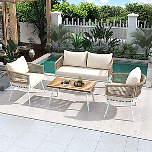 4-Piece Rope Patio Furniture Set, Outdoor Sofa with Acacia Wood Coffee Table, Patio Conversation Set with Deep Seating & Thick Cushion for Backyard Porch Balcony, Beige