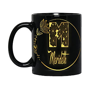 Coffee Mug Personalized Merideth Name & Initial Letter Monogram Floral Alphabet Mug Golden Flowers Custom Black Coffee Cup, Gift for Her Mom Coworker Sister, Wife, Girl 11oz Black Mug 007921